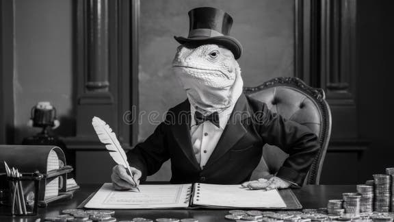 A Lizard in Top Hat and Suit Writing at a Desk, AI Stock Image - Image ...
