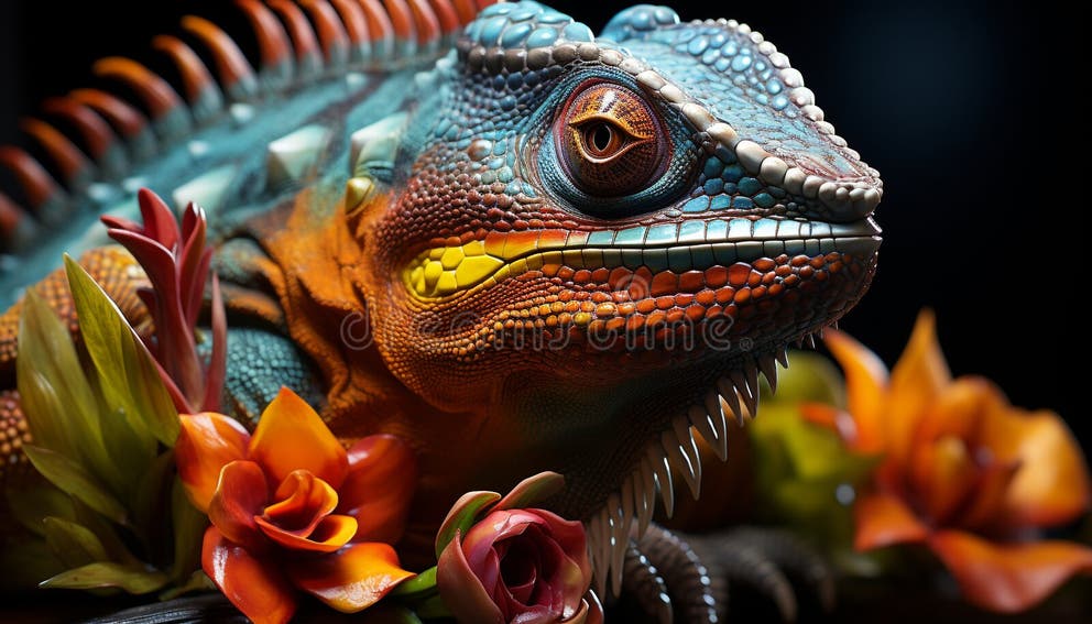 Lizard Vibrant Scales Blend with Forest, Creating a Spooky Portrait ...