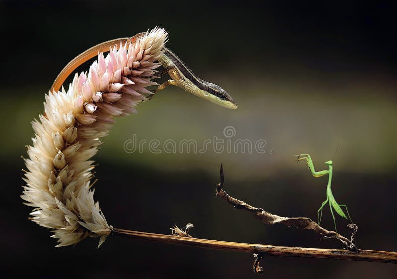 Lizard vs Praying Mantis stock image. Image of deadlock - 56176901