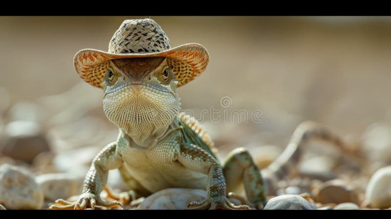 A Lizard Wearing a Cowboy Hat Sitting on a Pile of Rocks Stock Image ...