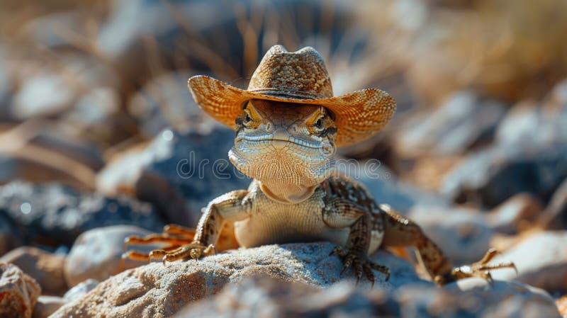 A Lizard Wearing a Cowboy Hat Sitting on a Rock Stock Image - Image of ...