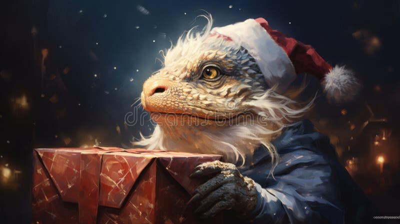 A Lizard Wearing a Santa Hat Holding Presents, AI Stock Image - Image ...