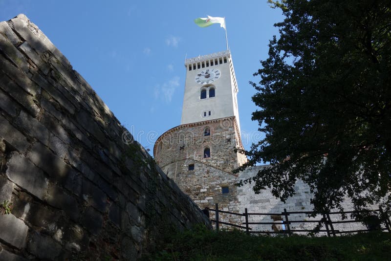 Ljubljana Castle Tower Image with Flag Stock Image - Image of high ...