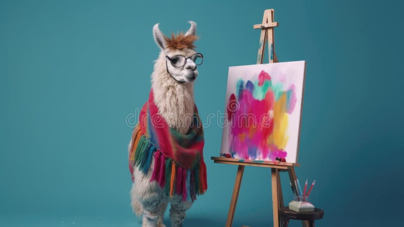 Llama Artist Near the Easel on a Blue Background, Generative AI Stock ...