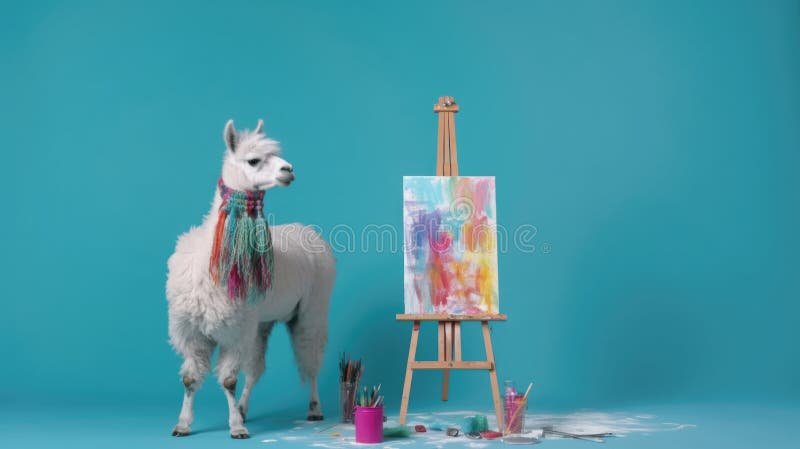 Llama Artist Near the Easel on a Blue Background, Generative AI Stock ...