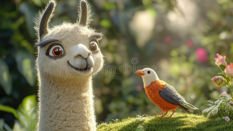 Llama and Bird Interaction stock photo. Image of scene - 362068070