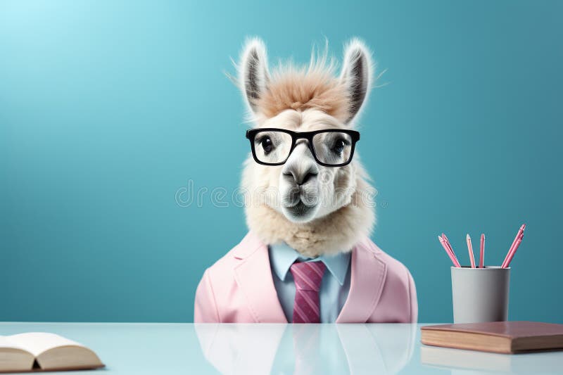 A Llama in a Business Suit and Glasses Sits in the Office at His Desk ...