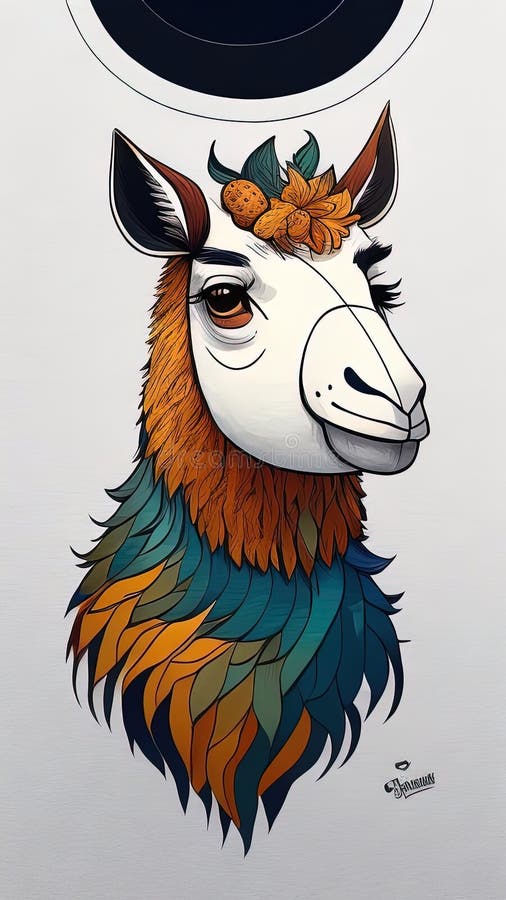 Llama Head with Autumn Leaves on a White Background. Vector ...