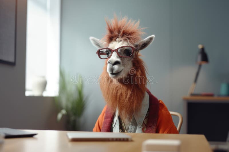 Llama Hipster Sits at the Office Desk, Generative AI Stock Illustration ...