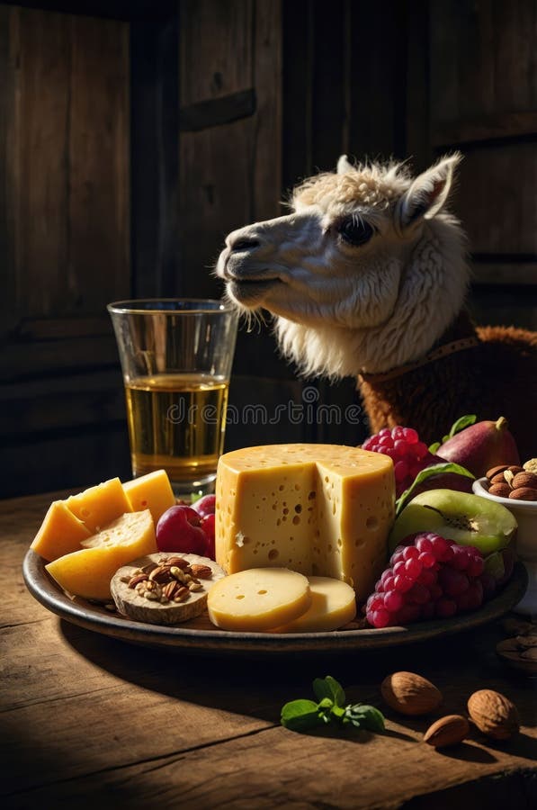 Delicious Cheese and Fruit Platter with Alpaca Stock Illustration ...