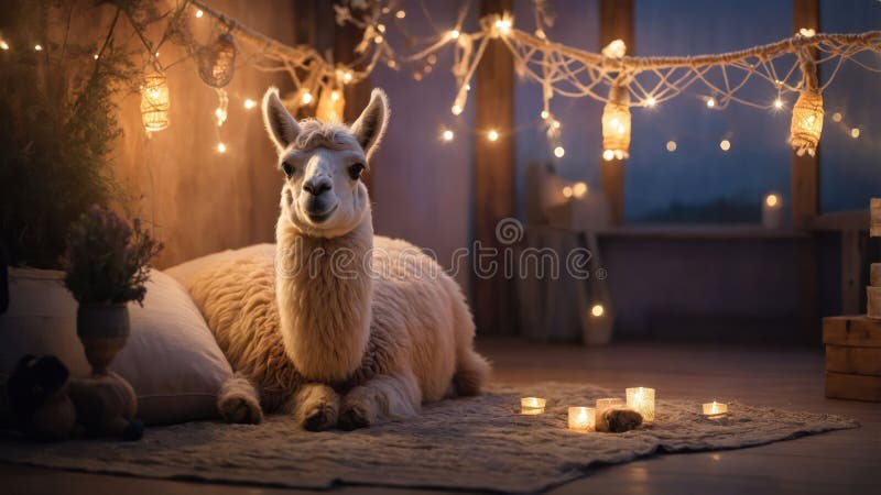 Cozy Llama at Night with Fairy Lights and Candles Stock Illustration ...