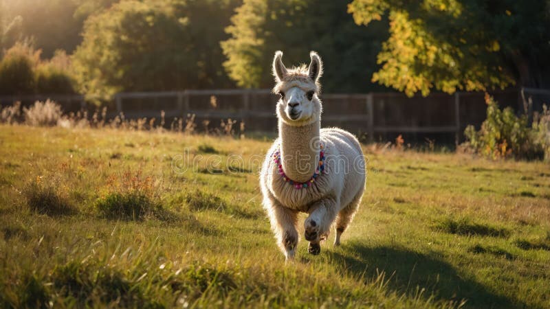 A Fluffy White Alpaca Running in a Sunny Field Stock Illustration ...