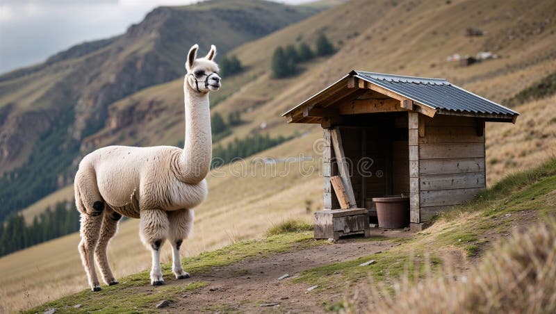 Llama Standing on Hillside beside Small Wooden Shelter Stock ...