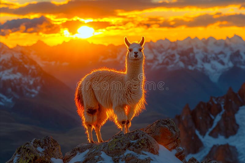 A Llama Standing on Top of a Mountain at Sunset Stock Photo - Image of ...