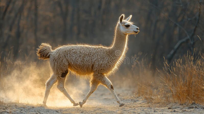 A Llama Walking through a Grassy Field in the Golden Light of Sunset ...