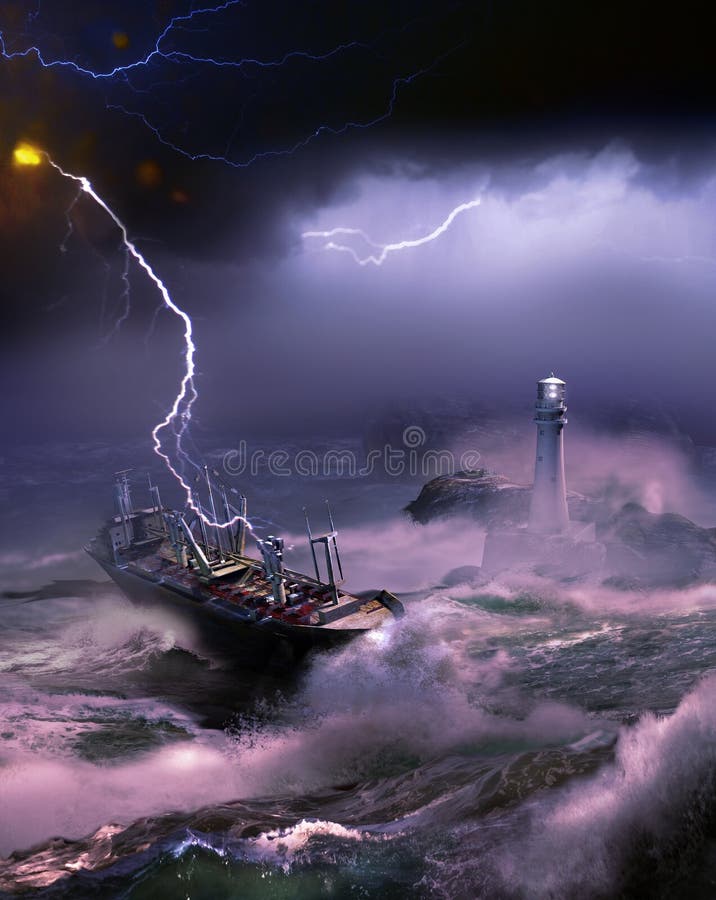 Faro bajo la tormenta stock de ilustración. Ilustración de océano ...