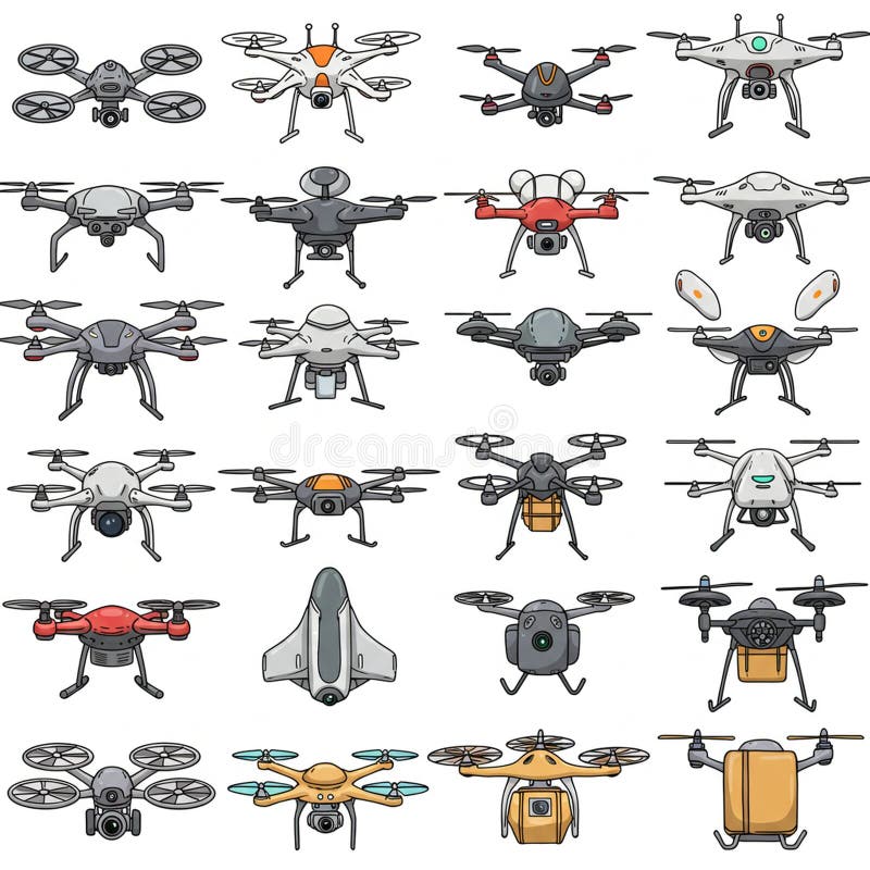 Llustrated Collection of Diverse Drones Featuring Various Shapes and ...