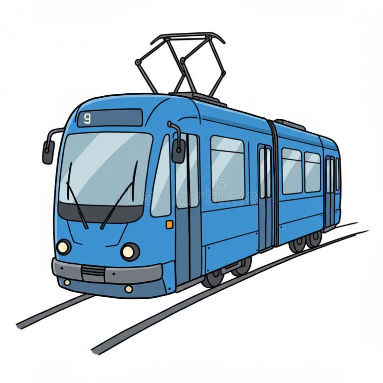 Llustration of a Blue Tram with a Streamlined, Rounded Front. Numbered ...