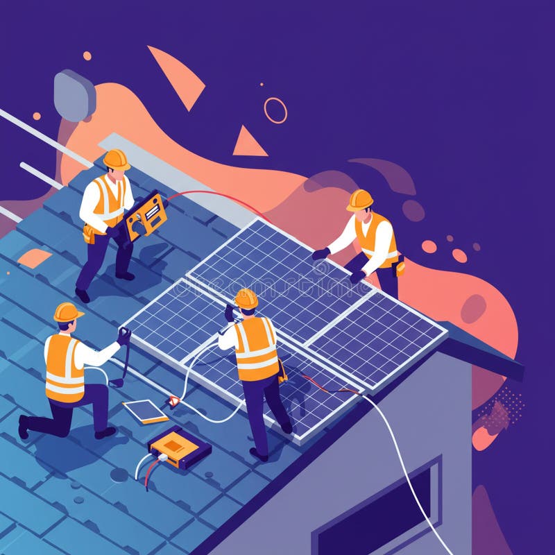 Llustration of Four Construction Workers Installing Solar Panels on a ...