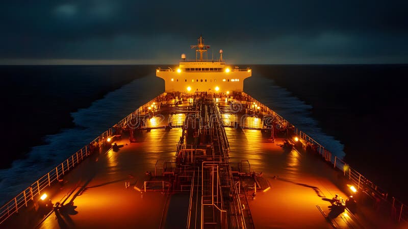 LNG Tanker Ship at Night with Deck Illumination Stock Illustration ...