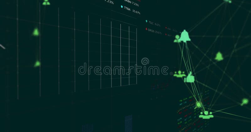 On Load Neon-green Icons Floating while 3D Grid Appearing Left and Trend Lines Rising Showing ...