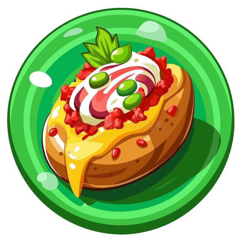 A Loaded Baked Potato with Toppings on a Vibrant Green Plate Stock ...