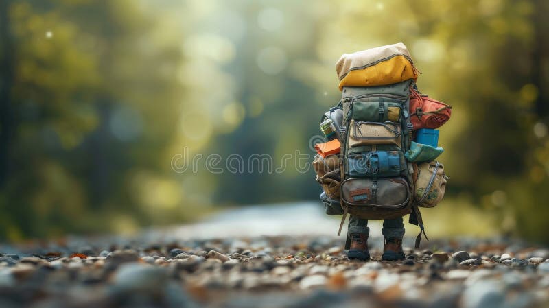 Loaded Camping Backpack in Bright Forest Trail Stock Photo - Image of ...