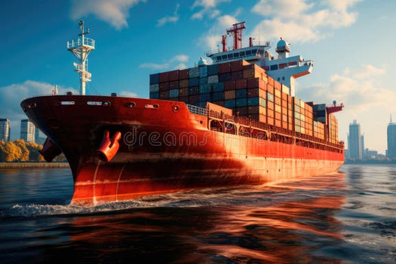 Loaded Cargo Ship Sailing Out of Port Stock Illustration - Illustration ...