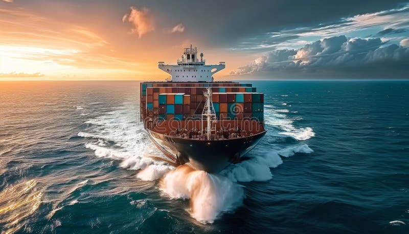 A Loaded Container Cargo Ship is Seen Ahead Above the Ocean ...