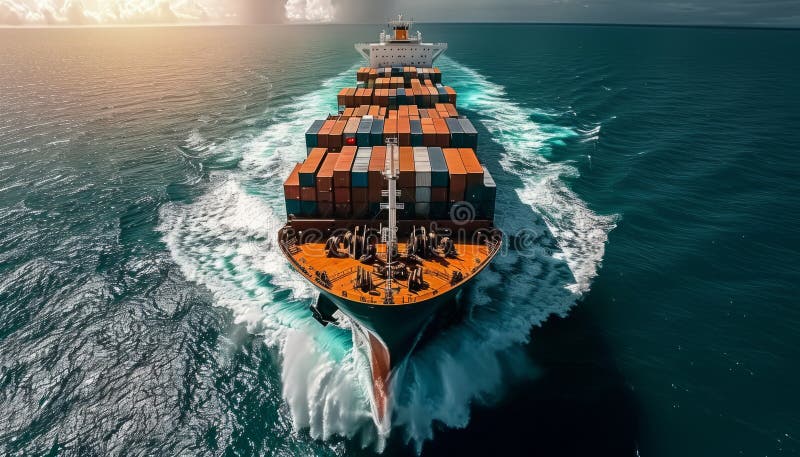 A Loaded Container Cargo Ship is Seen Ahead Above the Ocean ...