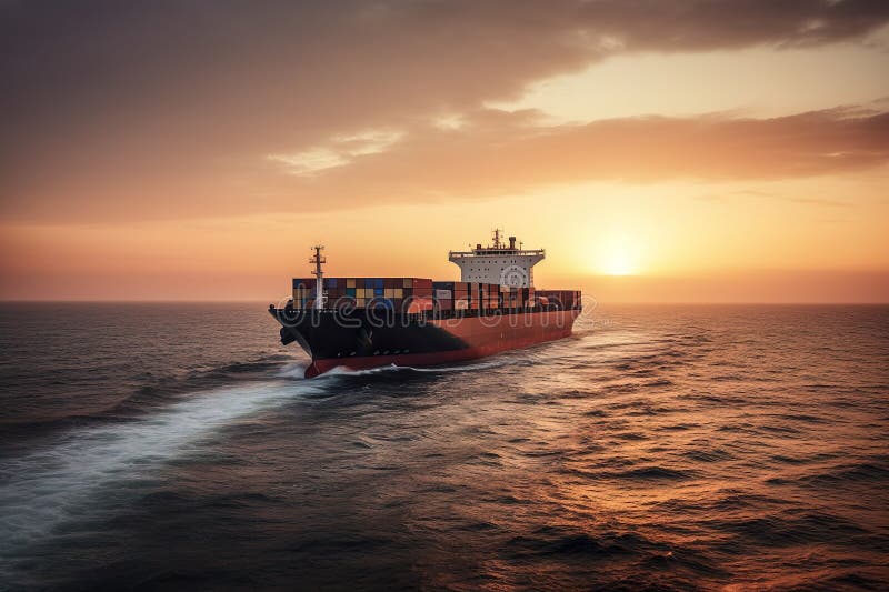 Loaded Container Cargo Ship Speeds Over the Ocean at Sunset ...