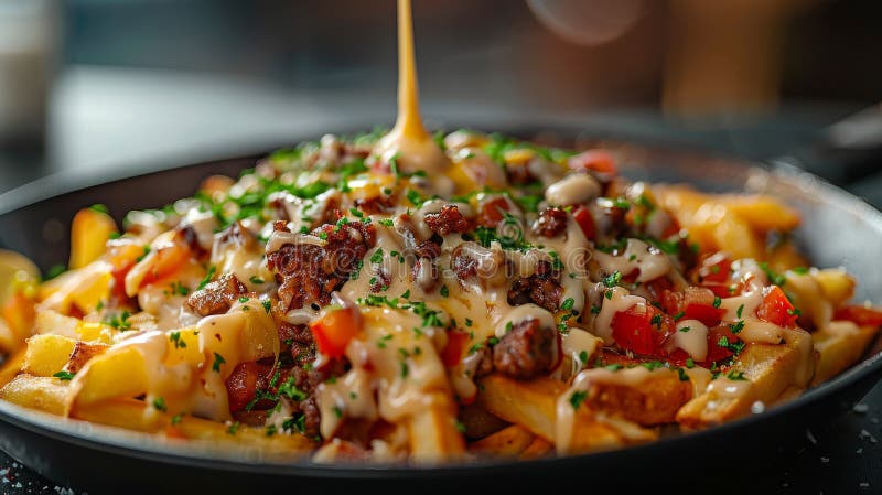 Loaded Fries Topped with Melted Cheese and Ground Beef. Stock Image ...
