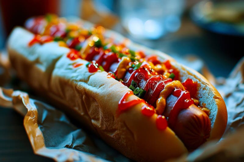 Loaded Hot Dog with Condiments. Stock Image - Image of meal, lunch ...