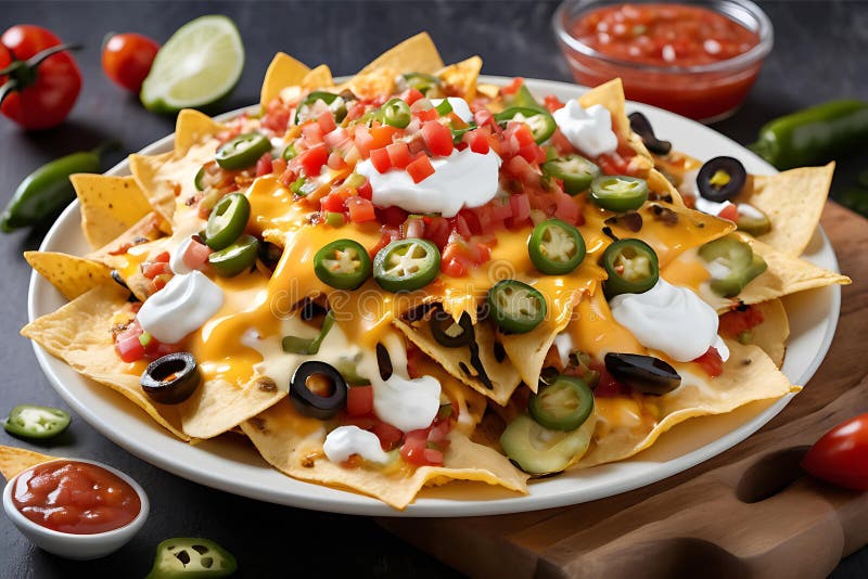 Loaded Nachos with Melted Cheese, Jalapenos, Sour Cream, and Fresh ...