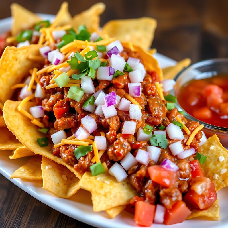Loaded Nachos with Spicy Chili Sharp Cheddar and Diced Red Onions ...