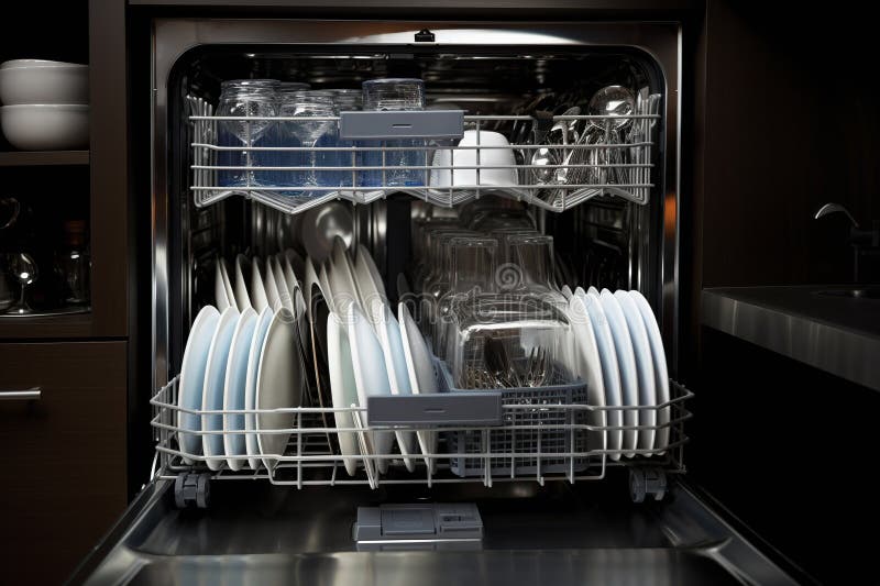 Loaded Opened Dishwasher Machine with Clean Dishes in Kitchen Stock ...
