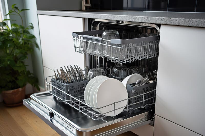 Loaded Opened Dishwasher Machine with Clean Dishes in Kitchen Stock ...