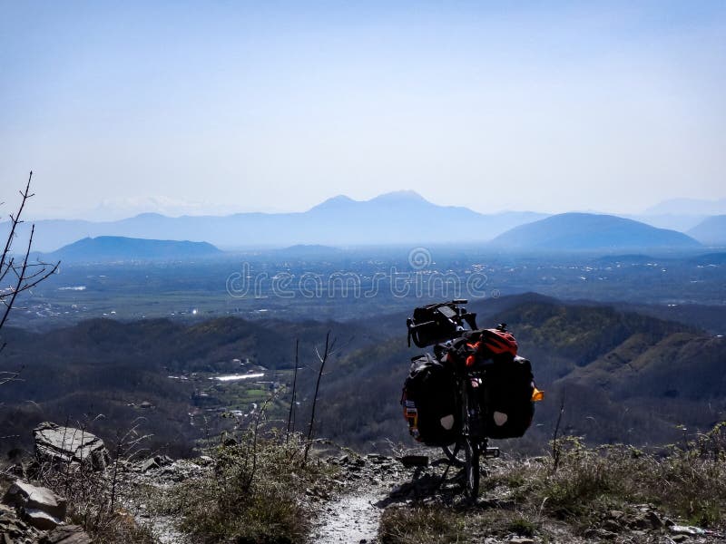 Loaded Touring Bicycle with Mountains in the Background Stock Image ...