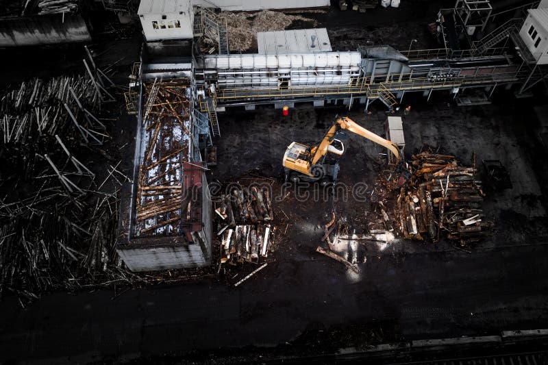 The Loader Loads Logs at the Factory at Night Top View. Stock Image ...