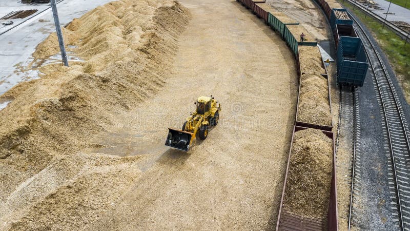 The Loader Loads the Sawdust in the Woodworking Factory Aerial View ...