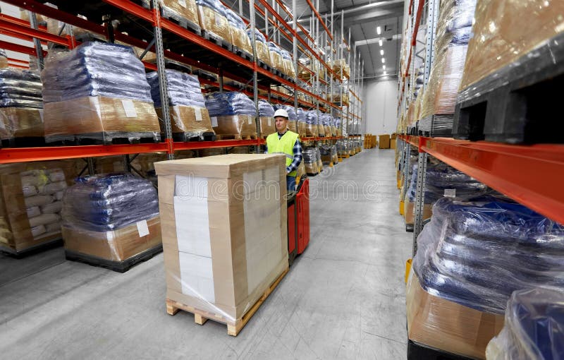 Man Operating Forklift Loader at Warehouse Stock Image - Image of ...