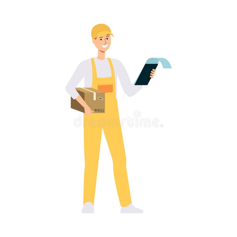 Loader in Overalls Holding Brown Box and Checking Clipboard Cartoon ...