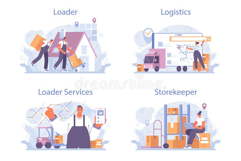 Loader Service Set. Storekeeper in Uniform Carrying a Cargo Stock ...