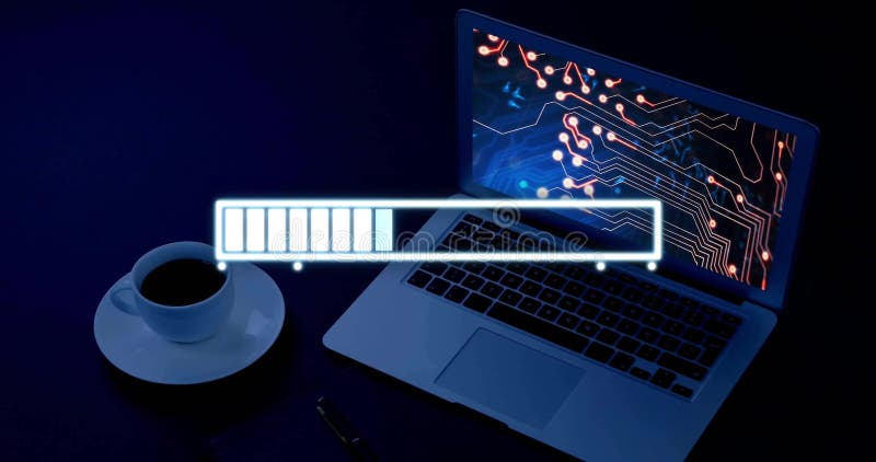 Loading Bar Animation Over Laptop with Circuit Board Display and Coffee ...