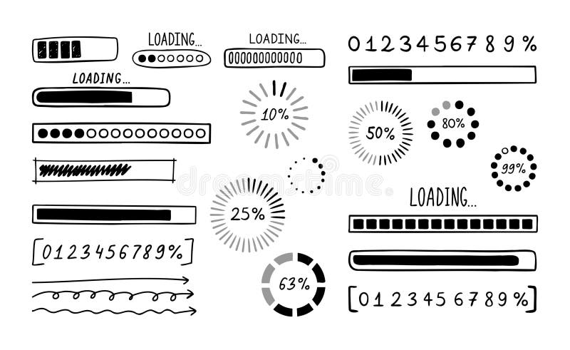 Loading Bar Doodle Set. Hand Drawn Element Line Loading Sketch Style ...