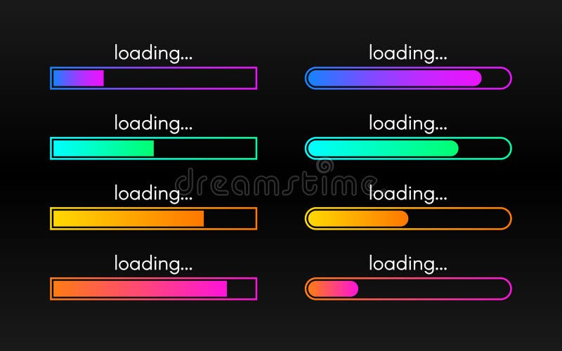 Loading Bar Set on Dark Backdrop. Progress Visualization. Color Gradient Lines. Loading Status ...