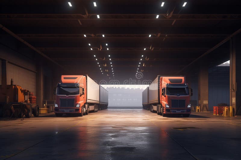 Loading Bay with Two Trucks Parked Outside in the Style of Modern with ...