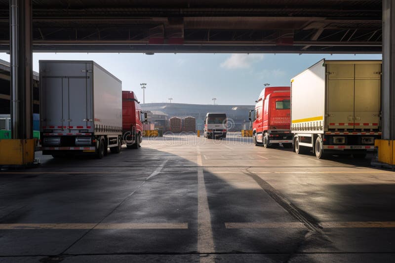 Loading Bay with Two Trucks Parked Outside in the Style of Modern with ...