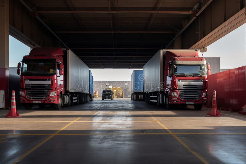 Loading Bay with Two Trucks Parked Outside in the Style of Modern with ...