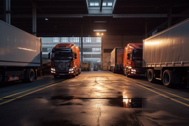 Loading Bay with Two Trucks Parked Outside in the Style of Modern with ...